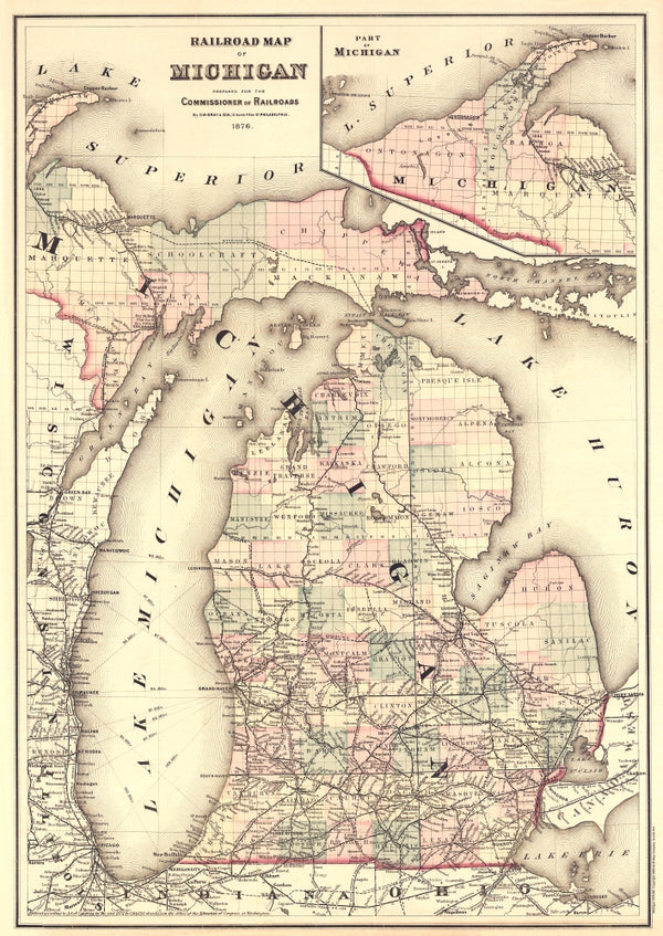 Michigan 1876 Antique Map Reproduction – Metsker Maps