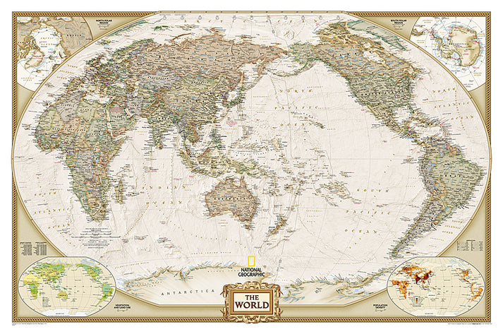 Pacific Ocean Centered World Wall Map - Executive Style by Nat Geo ...